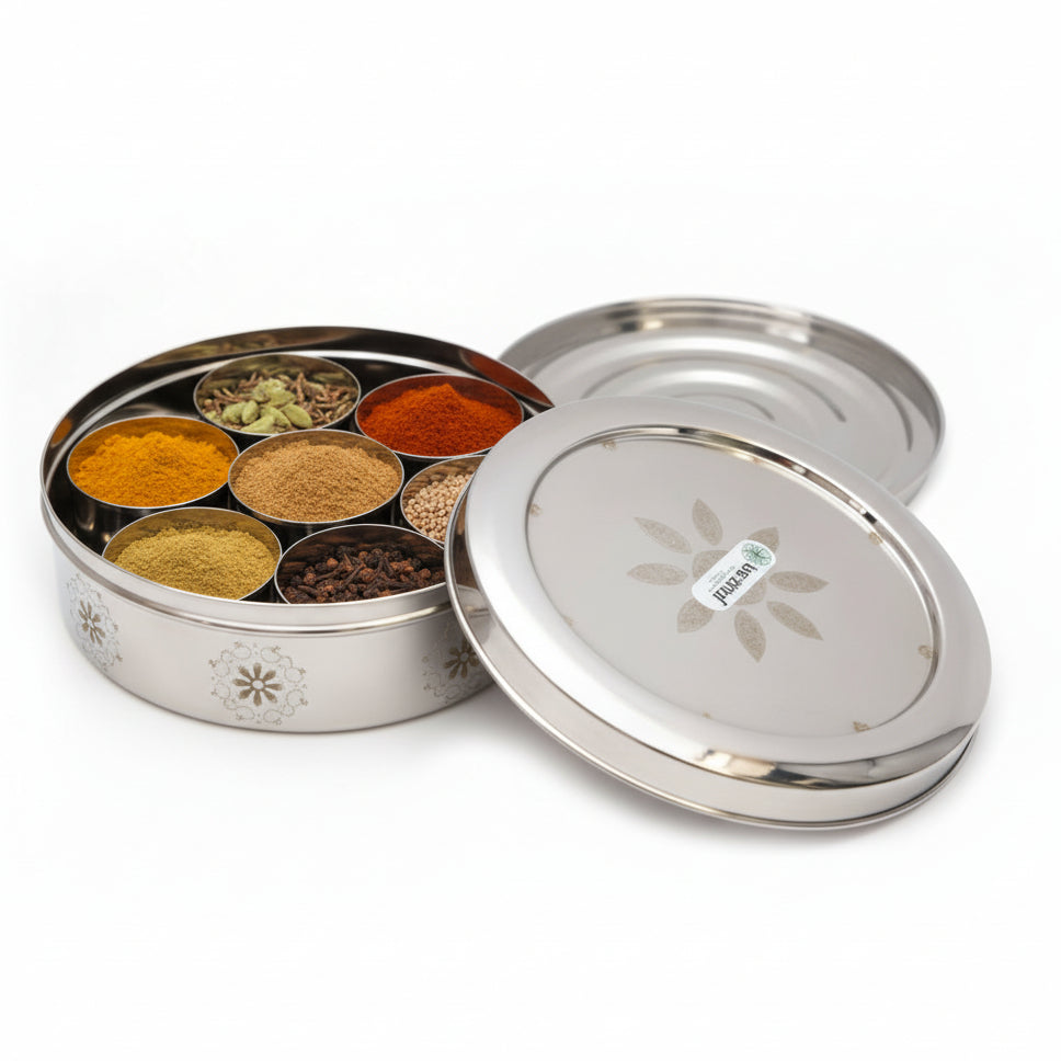 Stainless Steel Masala Box 7 Containers & Spoon | Spice Storage – Mall ko