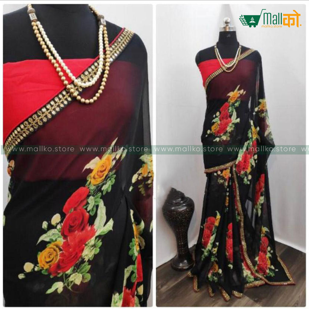 Flower Printed Saree with Blouse | Elegant Floral Saree – Mall ko